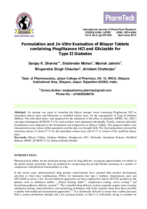 Pdf Formulation And In Vitro Evaluation Of Bilayer Tablets Containing Pioglitazone Hcl And