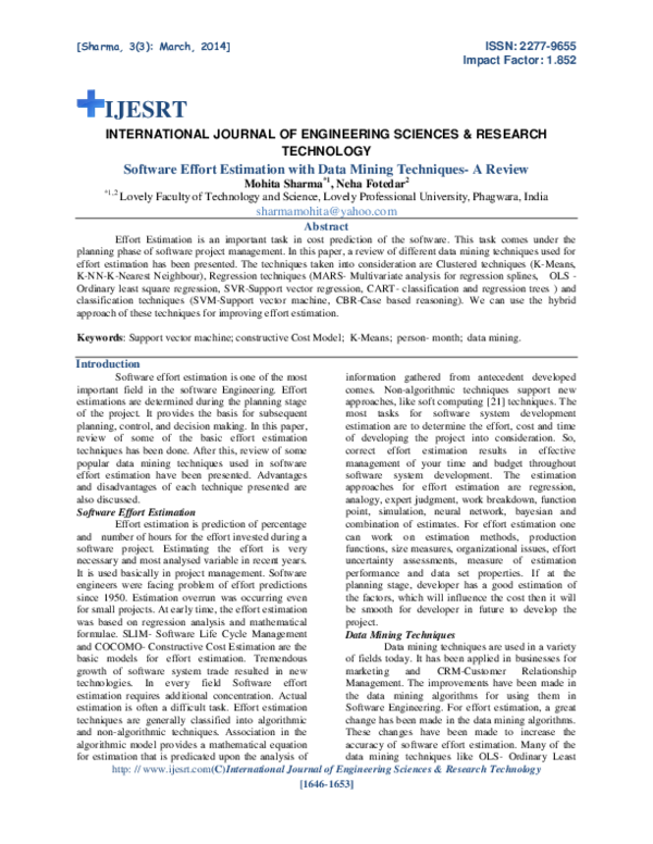 (PDF) Software Effort Estimation with Data Mining Techniques- A Review.