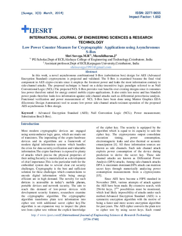 Pdf Low Power Counter Measure For Cryptographic Applications Using Asynchronous S Box