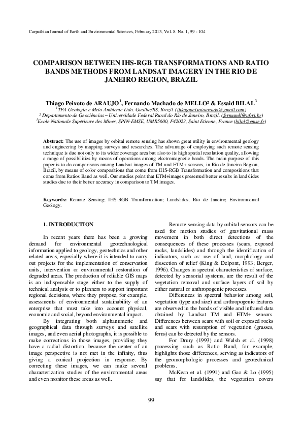 Pdf Comparison Between Ihs Rgb Transformations And Ratio Bands Methods From Landsat Imagery In