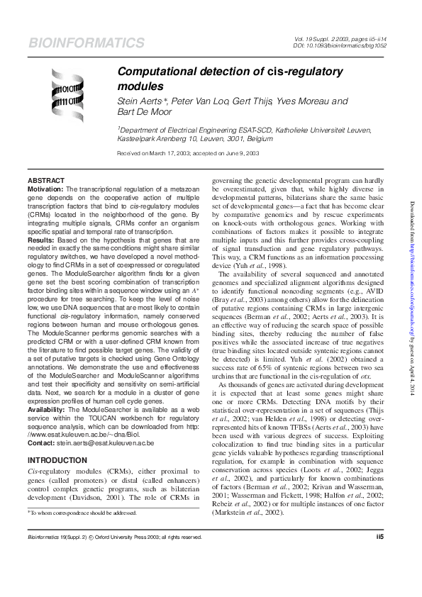 Pdf Computational Detection Of Cis Regulatory Modules