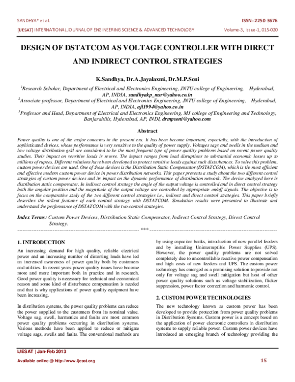 Design Of Dstatcom As Voltage Controller With Direct And Indirect Control Strategies