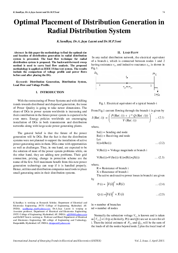 (PDF) Optimal Placement of Distribution Generation in Radial Distribution System