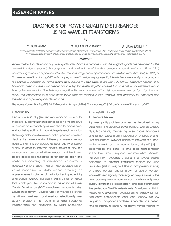 (PDF) DIAGNOSIS OF POWER QUALITY DISTURBANCES USING WAVELET TRANSFORMS