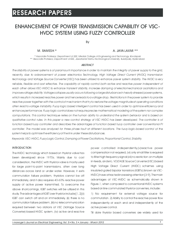 Pdf Enhancement Of Power Transmission Capability Of Vschvdc System Using Fuzzy Controller
