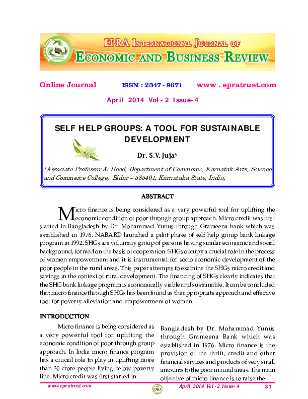 (PDF) SELF HELP GROUPS: A TOOL FOR SUSTAINABLE DEVELOPMENT