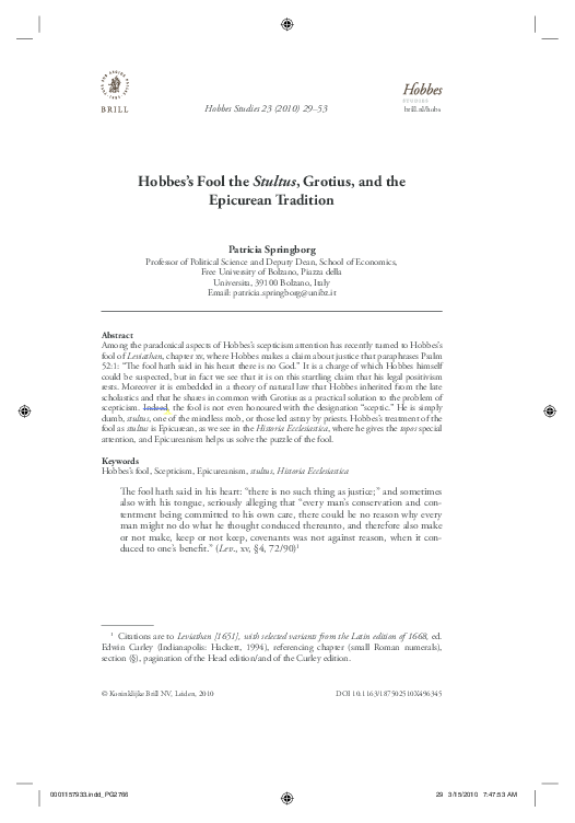 (PDF) Springborg, P. “Hobbes’s Fool the Stultus, Grotius, and the ...