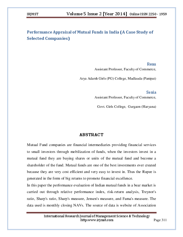 (PDF) Performance Appraisal of Mutual Funds in India (A Case Study of ...