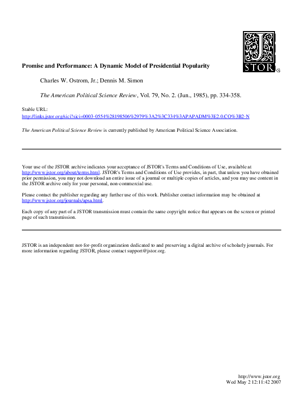 (PDF) Promise and Performance: A Dynamic Model of Presidential Popularity