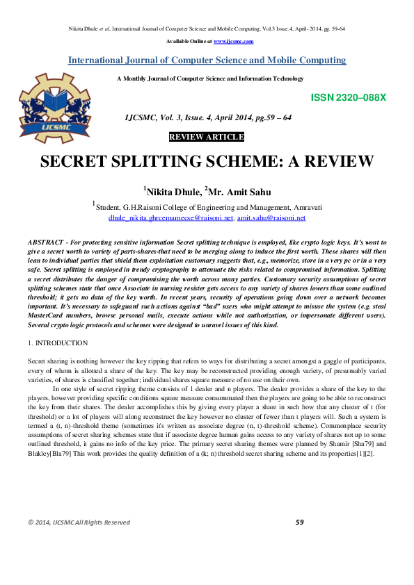 (PDF) SECRET SPLITTING SCHEME: A REVIEW﻿