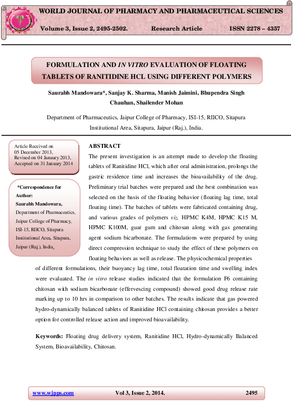 Pdf Formulation And In Vitro Evaluation Of Floating Tablets Of Ranitidine Hcl Using Different