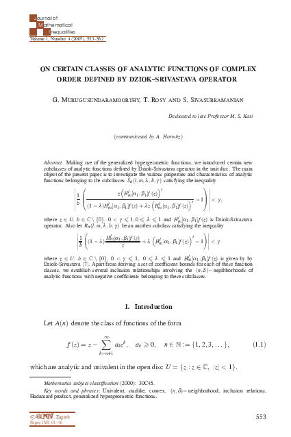Pdf On Certain Classes Of Analytic Functions Of Complex Order Defined