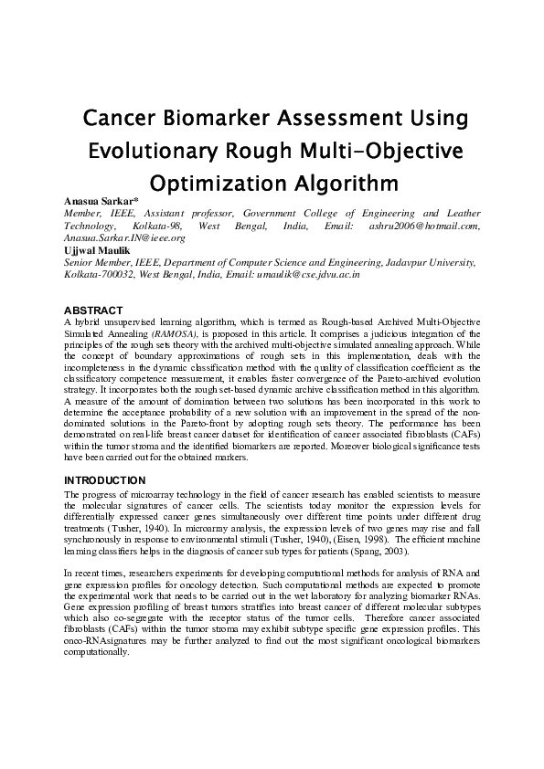 (PDF) Cancer Biomarker Assessment Using Evolutionary Rough Multi-Objective Optimization Algorithm