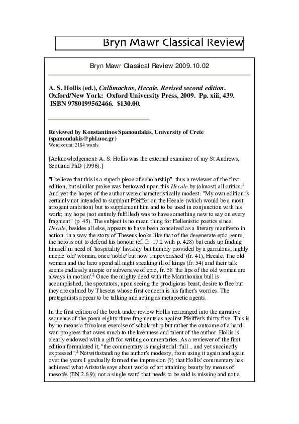 Review of Hollis, Callimachus, Hecale, 2nd ed., Oxford 2009, in bmcr 10 ...