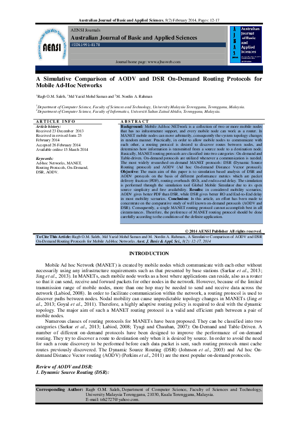 Pdf A Simulative Comparison Of Aodv And Dsr On Demand Routing Protocols For Mobile Ad Hoc Networks