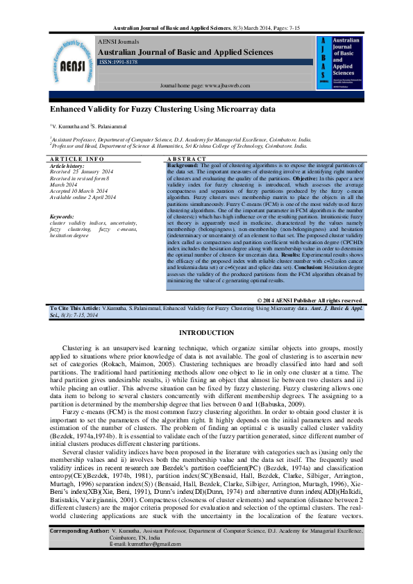 Pdf Enhanced Validity For Fuzzy Clustering Using Microarray Data