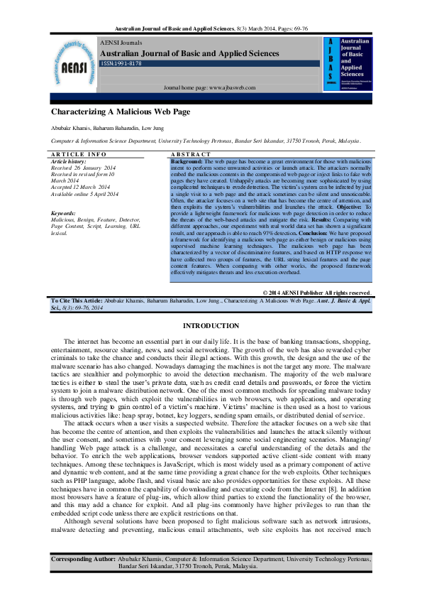 (PDF) Characterizing A Malicious Web Page