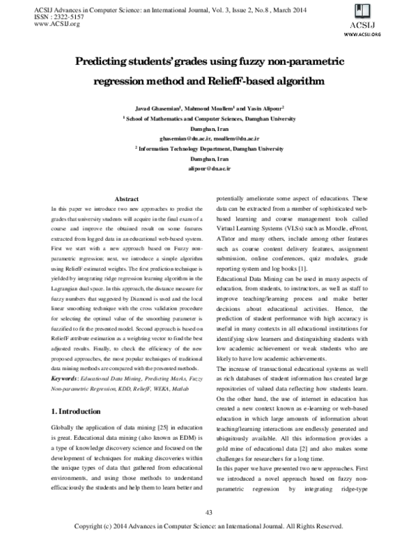 (PDF) Predicting students’ grades using fuzzy non-parametric regression method and ReliefF-based ...