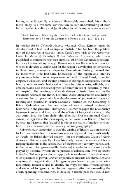 Review of 'Writing British Columbia History' by Chad Reimer