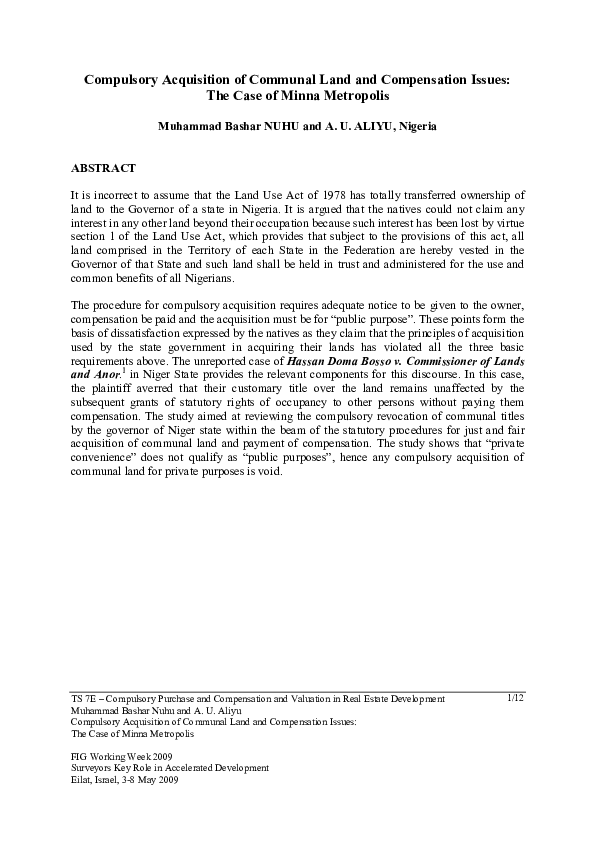 (PDF) Compulsory Acquisition of Communal Land and Compensation Issues ...