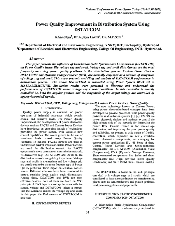 (PDF) Power Quality Improvement in Distribution System Using DSTATCOM