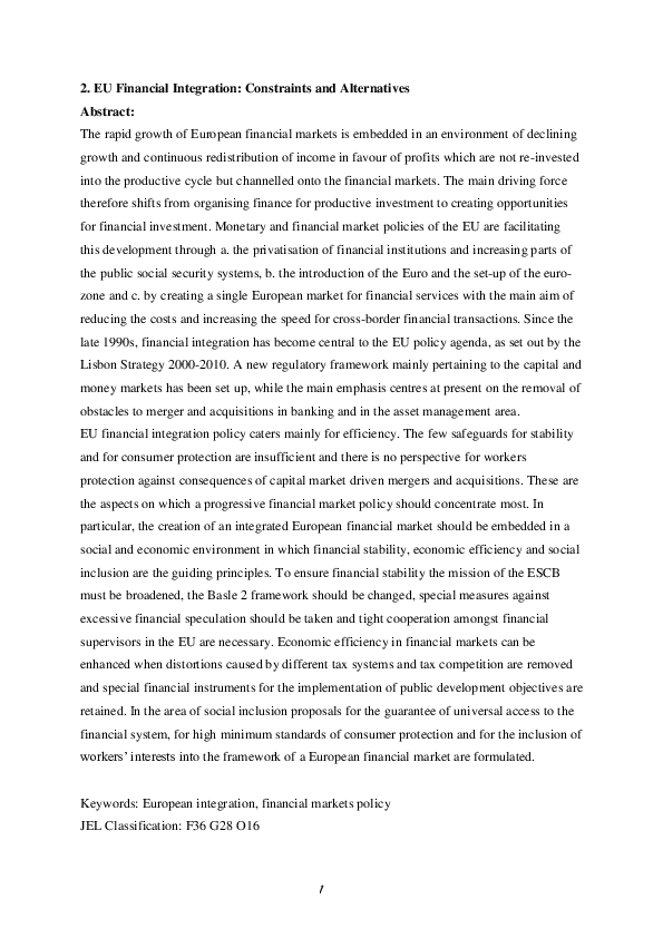 (PDF) EU financial integration: Constraints and alternatives