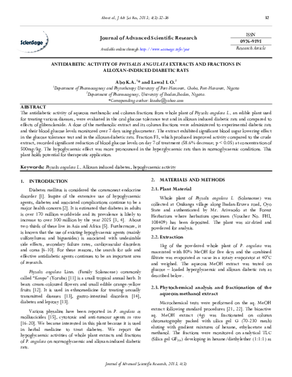 (PDF) ANTIDIABETIC ACTIVITY OF PHYSALIS ANGULATA EXTRACTS AND FRACTIONS ...