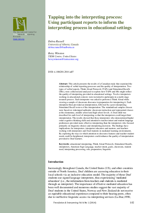 (PDF) Tapping into the interpreting process: Using participant reports ...