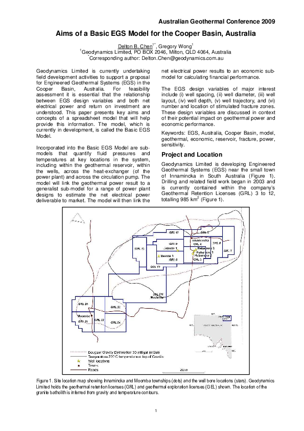 (PDF) Aims of a Basic EGS Model for the Cooper Basin, Australia