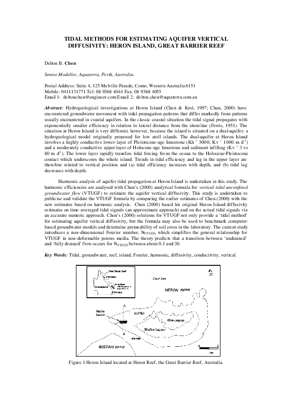 Pdf Tidal Methods For Estimating Aquifer Vertical Diffusivity Heron