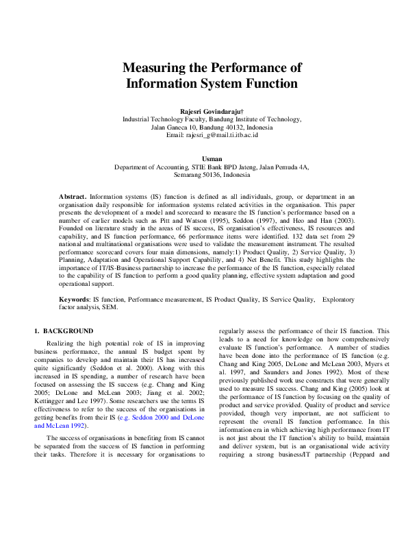 Pdf Measuring The Performance Of Information System Function