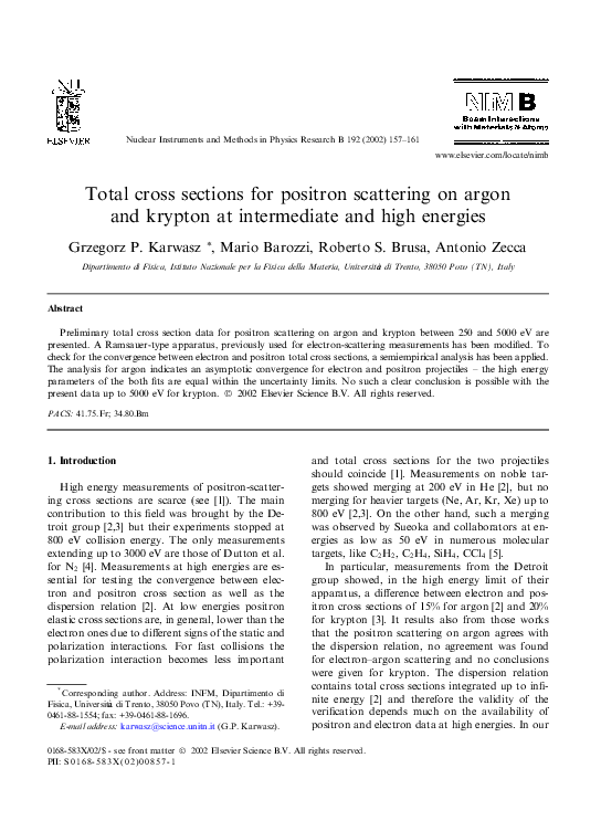 (PDF) Total cross sections for positron scattering on argon and krypton at intermediate and high ...