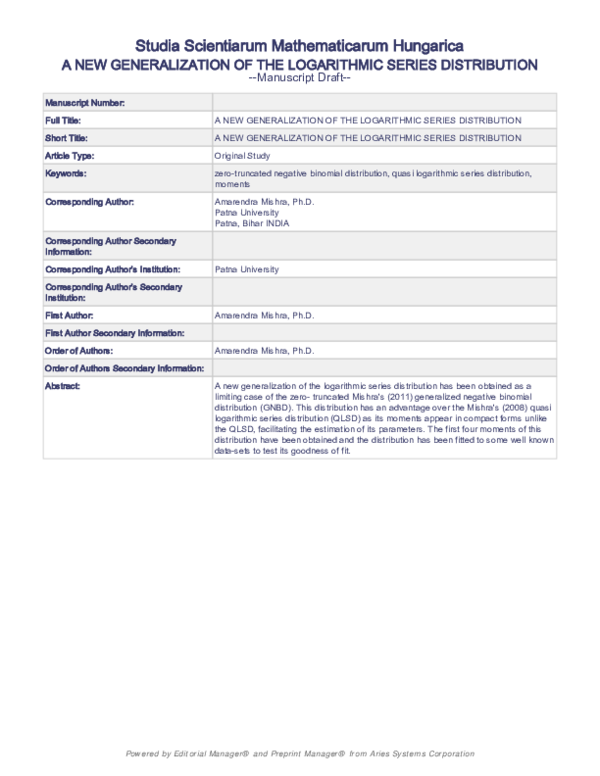 Pdf A New Generalization Of Logarithmic Series Distribution