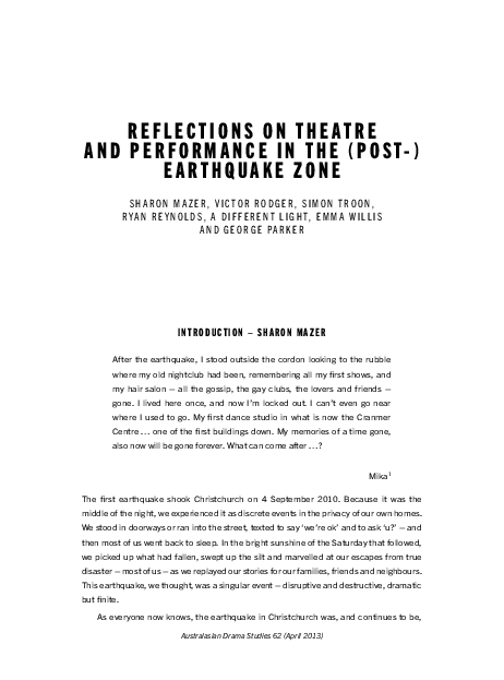 (PDF) Reflections on Theatre and Performance in the (Post-)Earthquake Zone