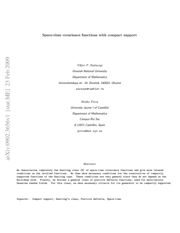 Pdf Space Time Covariance Functions With Compact Support Emilio Porcu