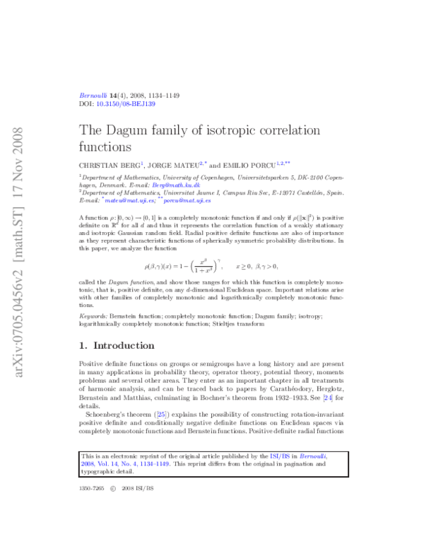 (PDF) The Dagum family of isotropic correlation functions