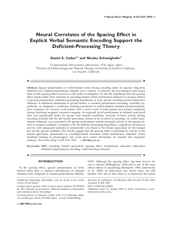 Pdf Neural Correlates Of The Spacing Effect In Explicit Verbal Semantic Encoding Support The