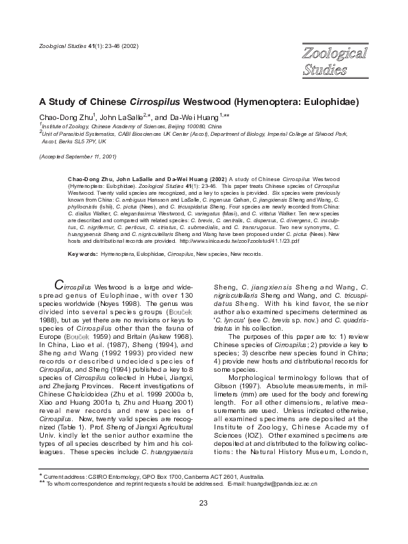 (PDF) A Study of Chinese Cirrospilus Westwood (Hymenoptera: Eulophidae