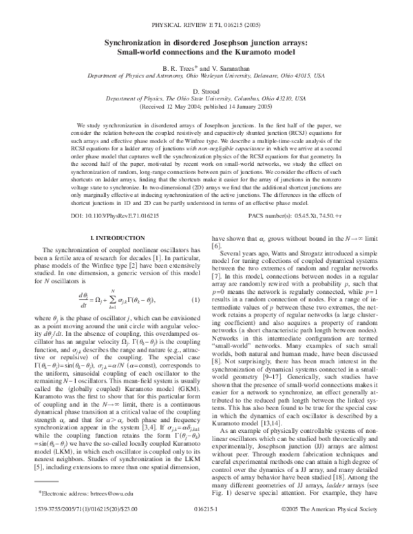 (PDF) Synchronization in disordered Josephson junction arrays: Small-world connections and the ...