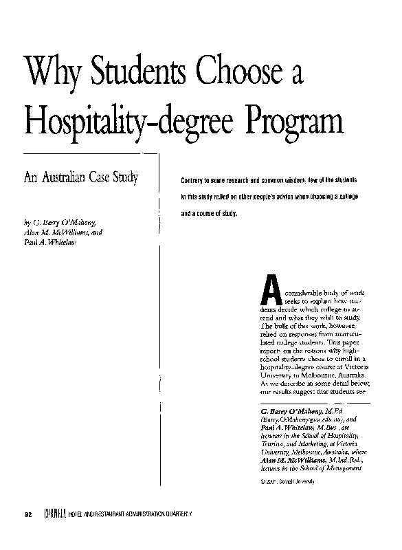 (PDF) why Students Choose a Hospitality-degree Program An Australian ...