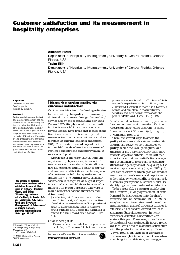 (PDF) Customer satisfaction and its measurement in hospitality enterprises