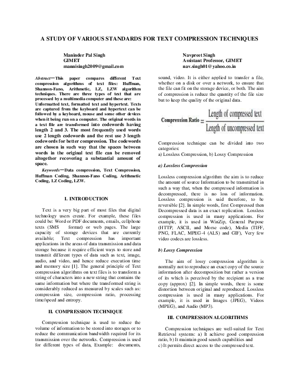 (PDF) A STUDY OF VARIOUS STANDARDS FOR TEXT COMPRESSION TECHNIQUES