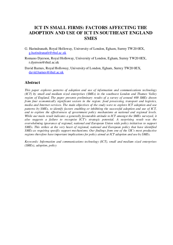 (PDF) ICT IN SMALL FIRMS: FACTORS AFFECTING THE ADOPTION AND USE OF ICT IN SOUTHEAST ENGLAND SMES