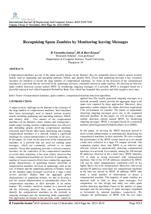 (PDF) Recognizing Spam Zombies by Monitoring leaving Messages