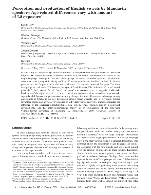 (PDF) Perception and production of English vowels by Mandarin speakers: Age-related differences ...