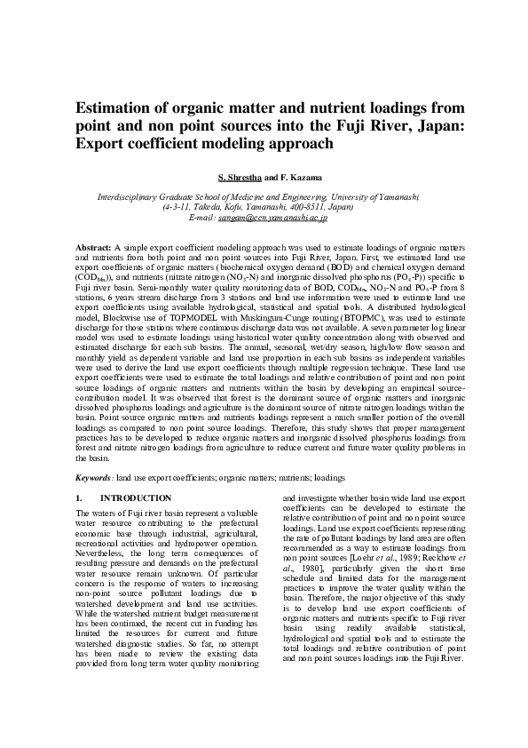 Pdf Estimation Of Organic Matter And Nutrient Loadings From Point And Non Point Sources Into
