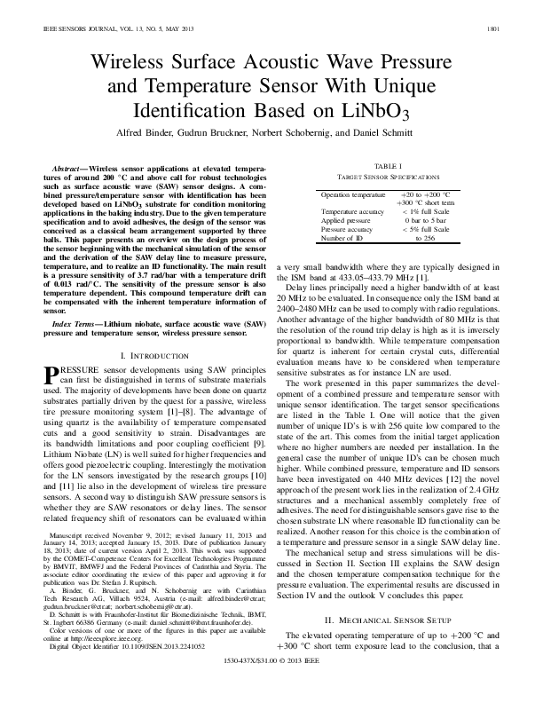 (PDF) Wireless Surface Acoustic Wave Pressure and Temperature Sensor With Unique Identification ...