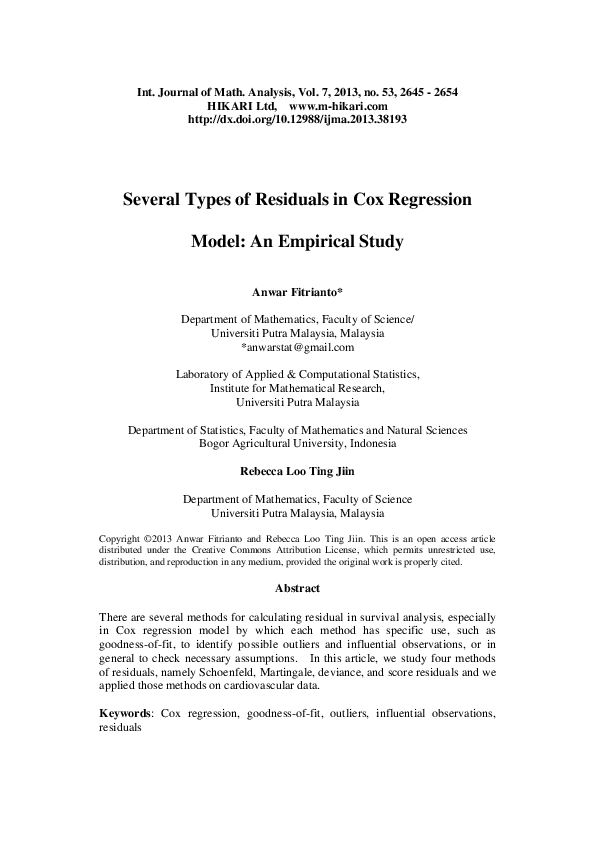 (PDF) Several Types of Residuals in Cox Regression Model: An Empirical Study