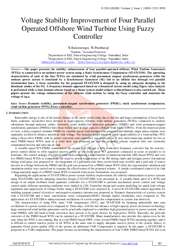 (PDF) Voltage Stability Improvement Of Four Parallel Operated Offshore Wind Turbine Using Fuzzy ...