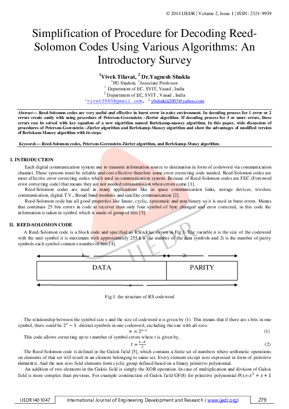 (PDF) Simplification of Procedure for Decoding Reed-Solomon Codes Using Various Algorithms: An ...